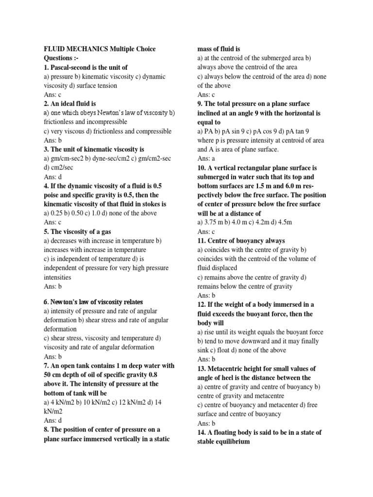FLUID MECHANICS Multiple Choice Questions | PDF | Buoyancy | Reynolds ...