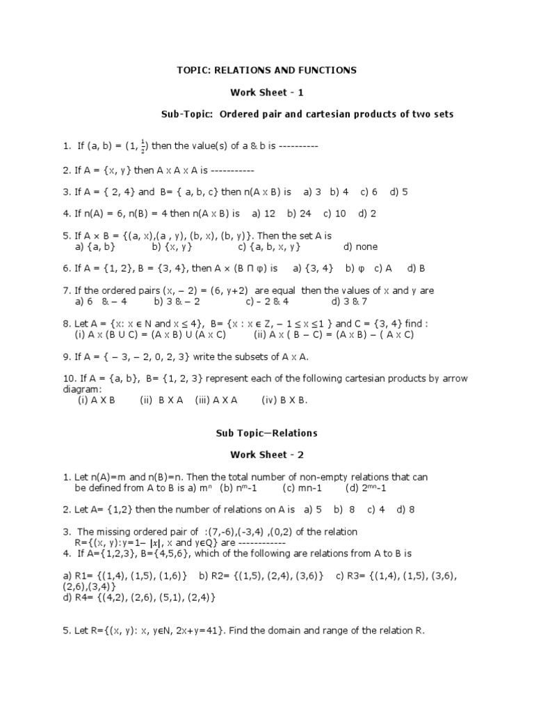Topic: Relations and Functions Work Sheet - 1 Sub-Topic: Ordered Pair ...