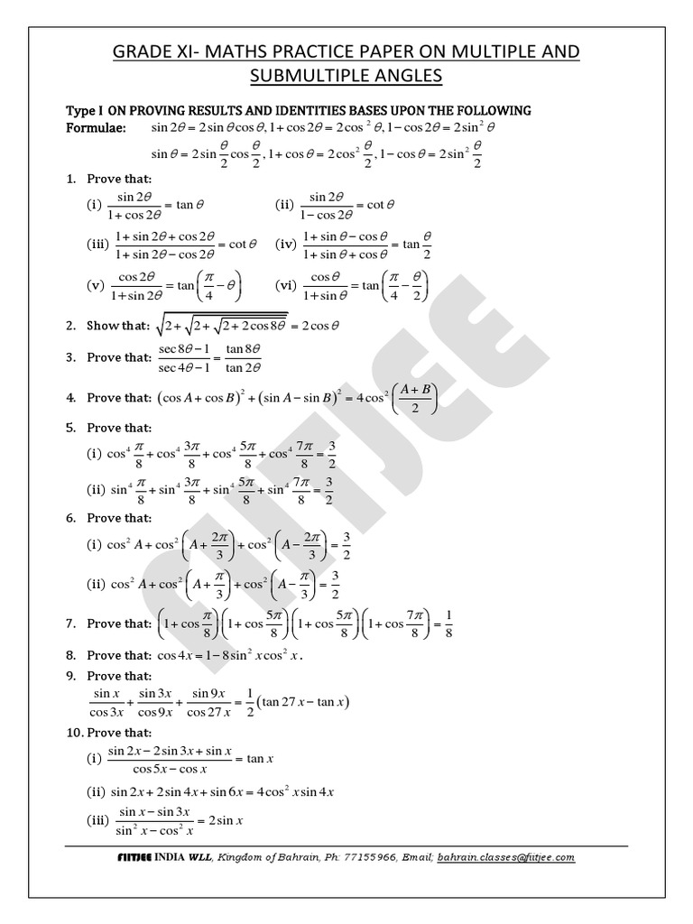 Grade Xi Maths Practice Paper-Multiple and Submultiple Angles | PDF ...