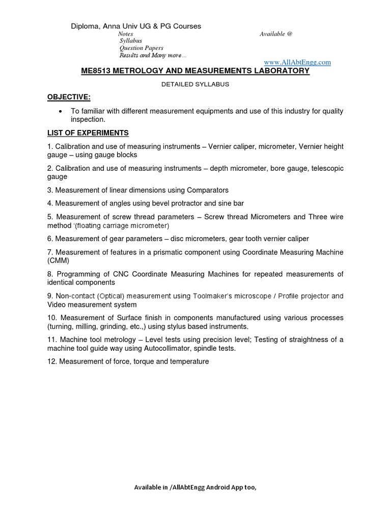 Me8513 Metrology and Measurements Laboratory: Diploma, Anna Univ UG ...