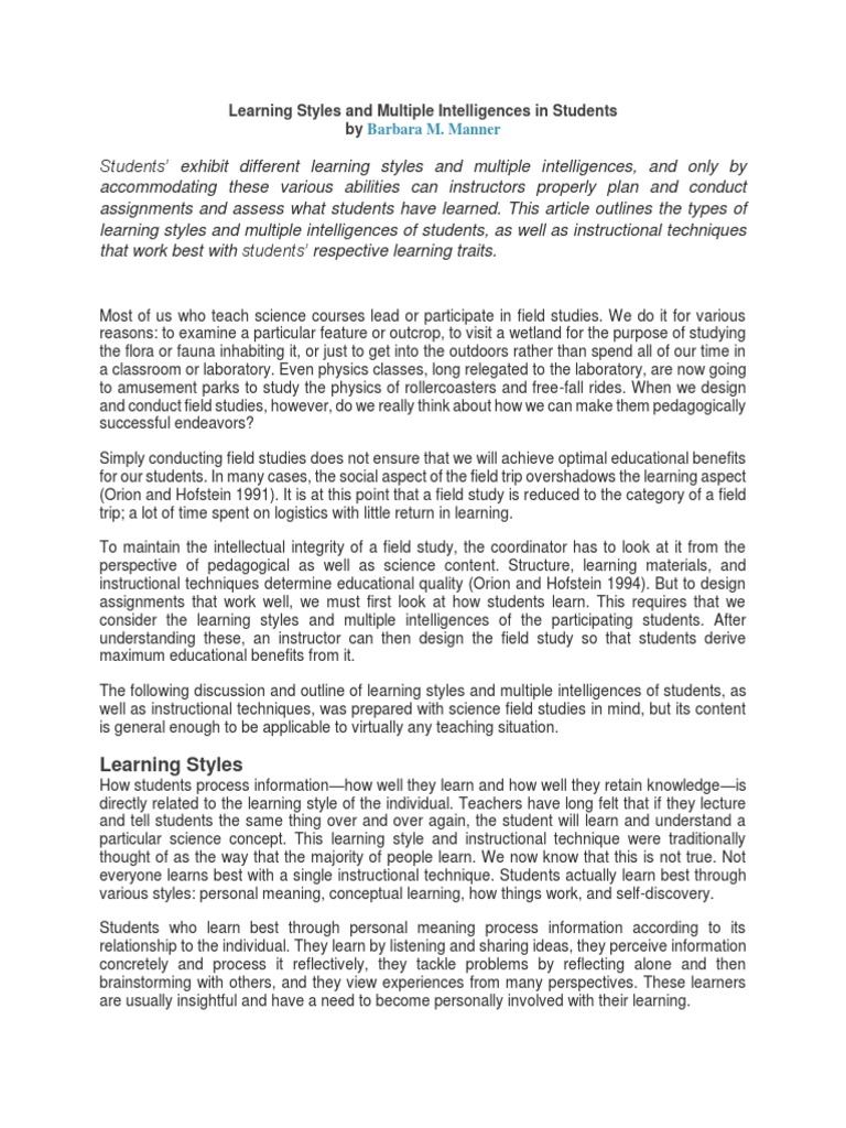 Learning Styles and Multiple Intelligences in Students | PDF | Learning ...