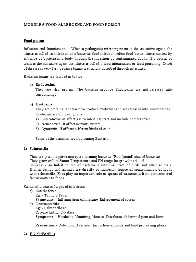 Module 5 Food Allergens and Food Poison | PDF | Salmonella | Foodborne ...