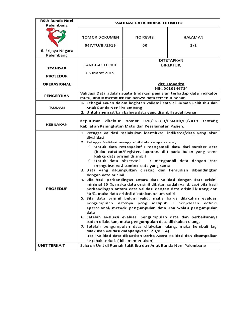 Sop Validasi Data Indikator Mutu | PDF