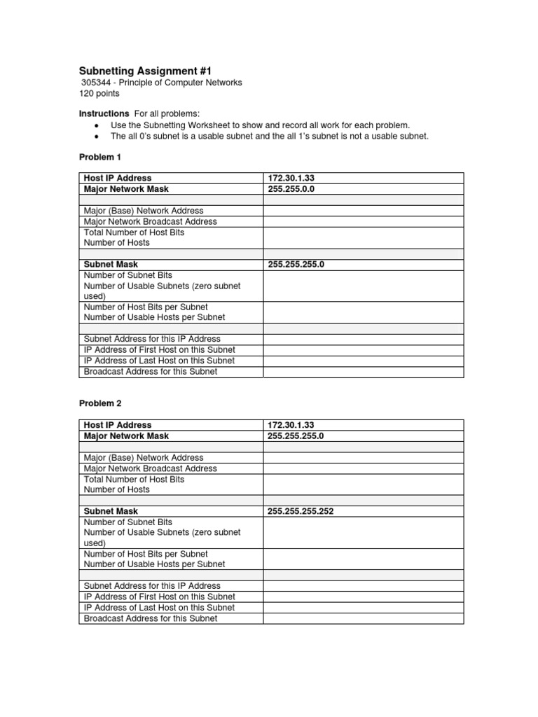 Subnetting Assignment 1 Instructions For All Problems Pdf Ip Address Internet Protocols