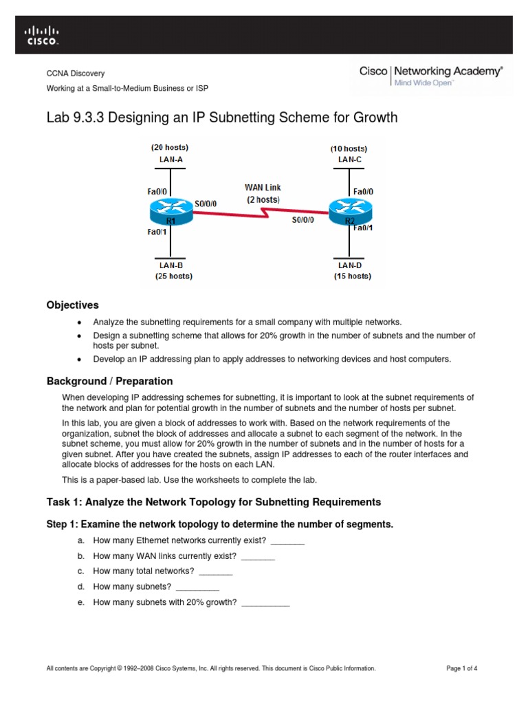 Lab 9.3.3 Designing An IP Subnetting Scheme For Growth: Objectives | PDF | Ip Address | Computer ...