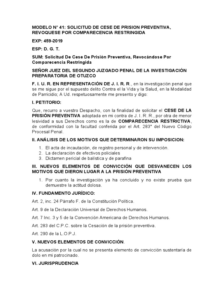 Modelo de Cese de Prision Preventiva | PDF | Derecho penal | Juez