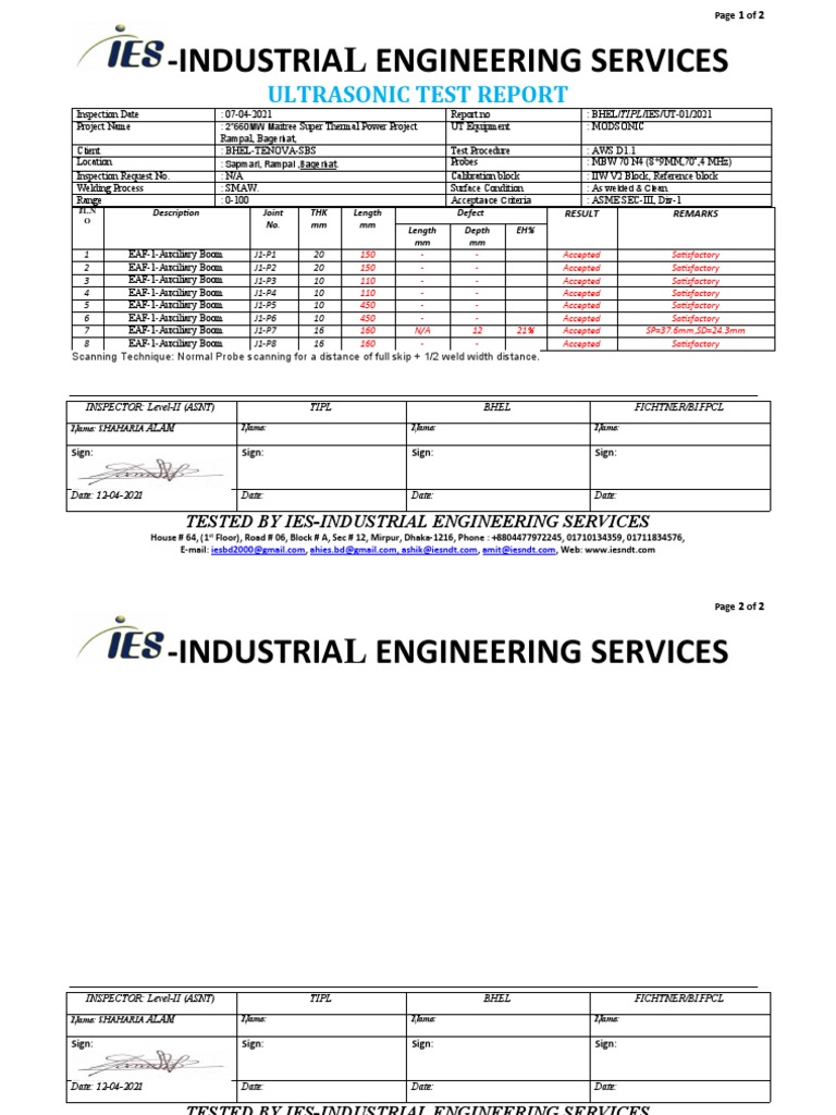 Industrial Engineering Services: Ultrasonic Test Report | PDF ...