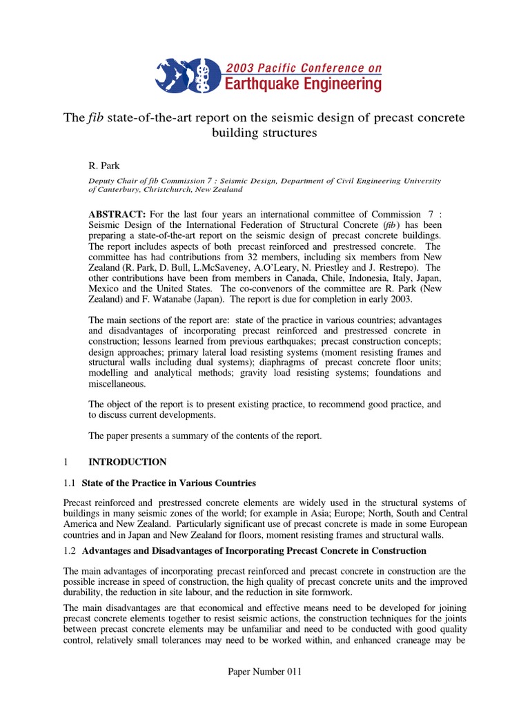 The Fib State-Of-The-Art Report On The Seismic Design of Precast Concrete Building Structures ...