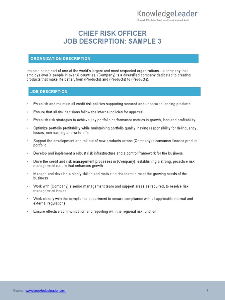 Chief Risk Officer Job Description Sample 3 | PDF | Risk | Risk Management