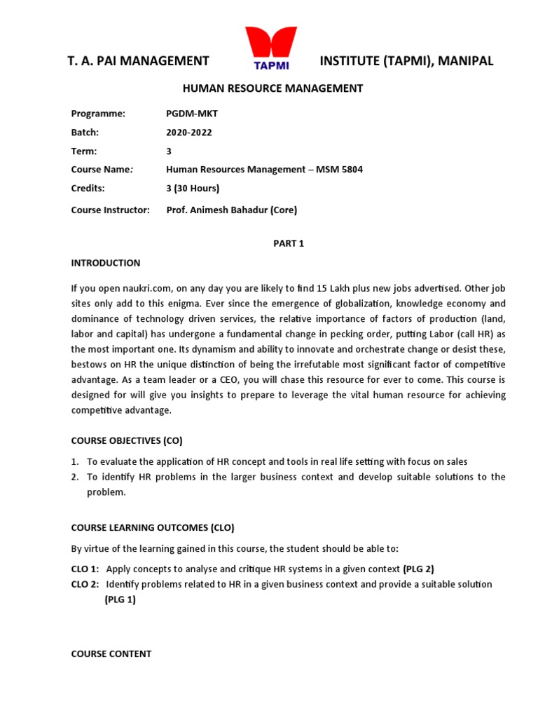 MSM HRMT Course Outline | PDF | Human Resource Management | Leadership