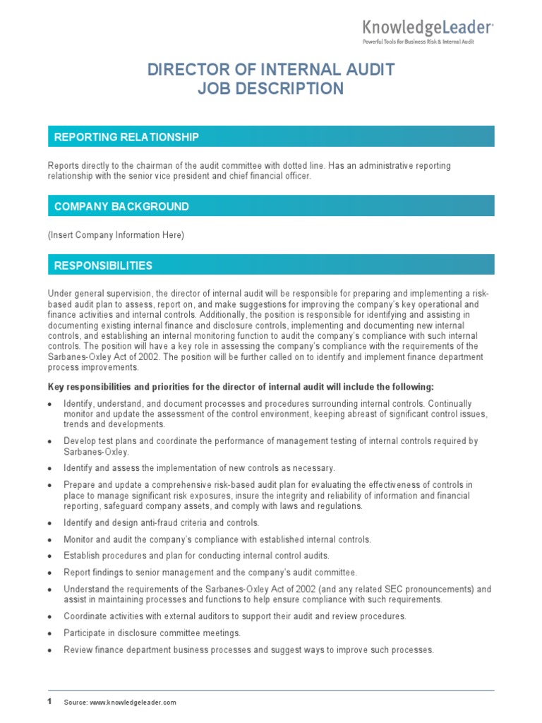 Director of Internal Audit Job Description | PDF | Internal Control | Audit