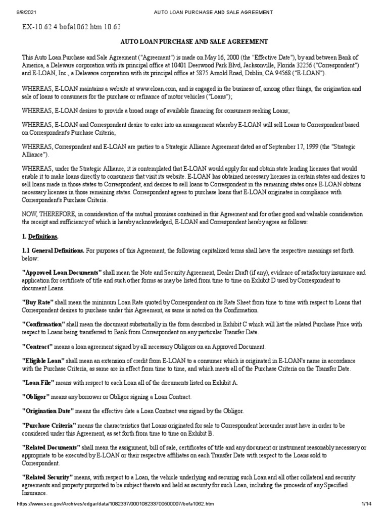 Auto Loan Purchase and Sale Agreement | PDF | Indemnity | Loans