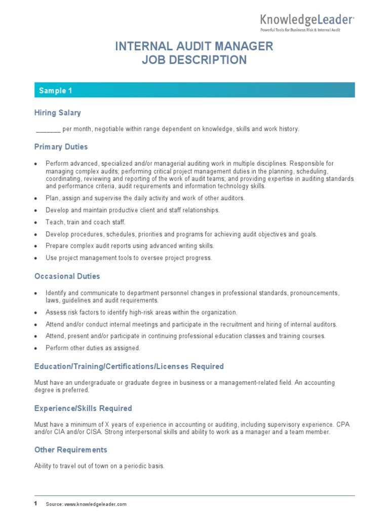 Internal Audit Manager Job Description | PDF | Internal Audit | Audit