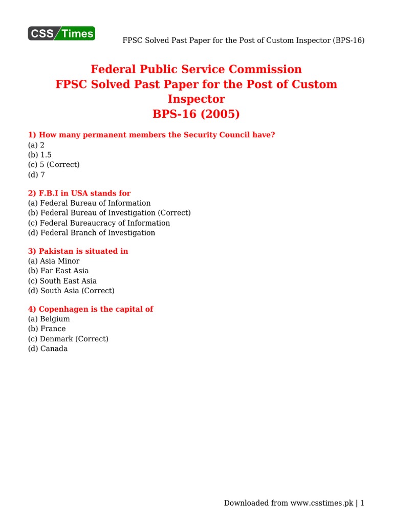 FPSC Solved Past Paper For The Post of Custom Inspector (BPS-16) | PDF ...