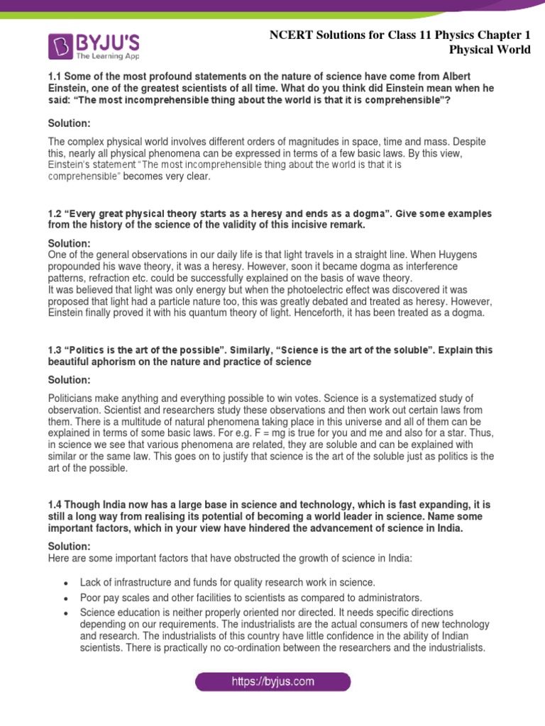 NCERT Solutions For Class 11 Physics Chapter 1 Physical World | PDF ...