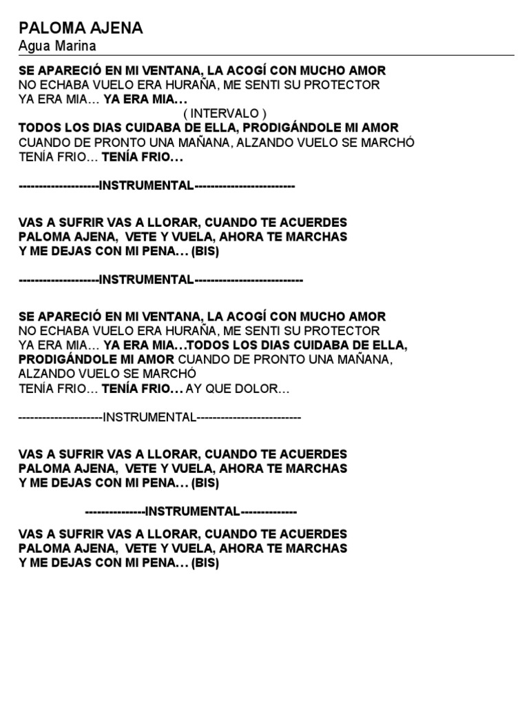 Letra de "Paloma Ajena" - Agua Marina | PDF | Poesía