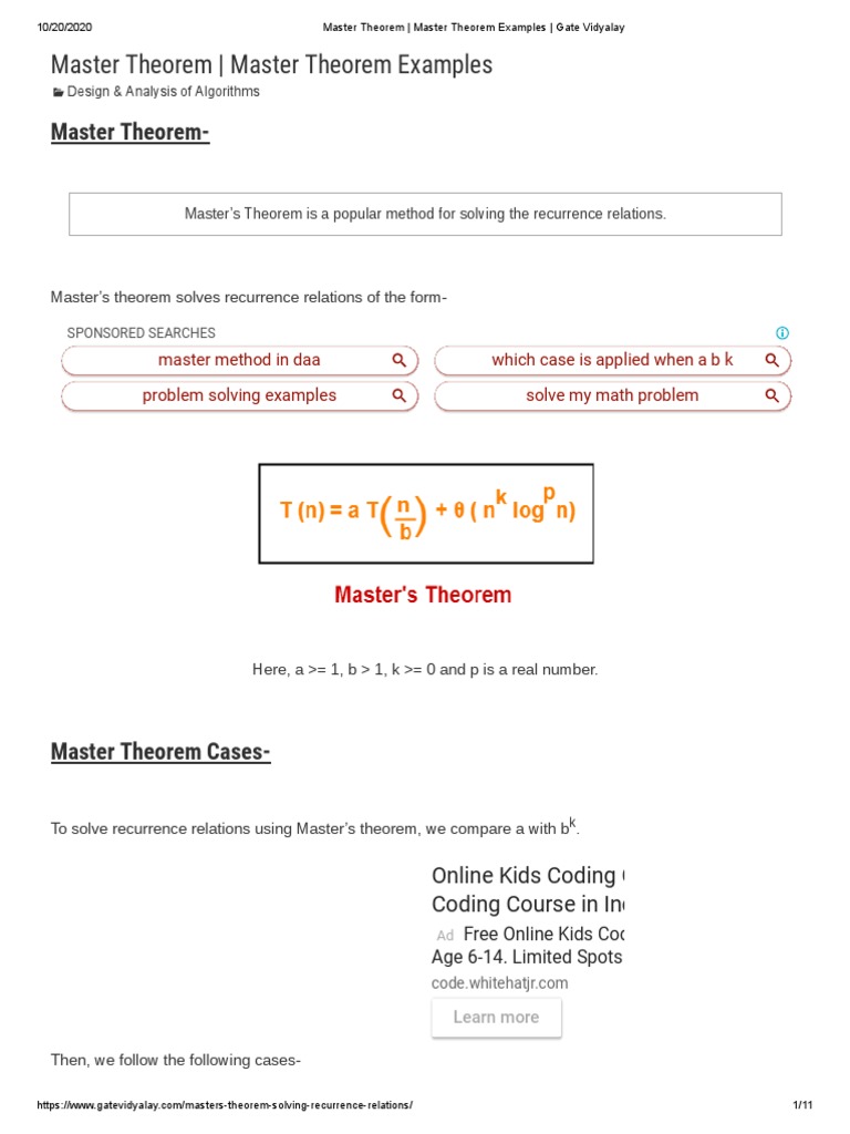 Master Theorem Master Theorem Examples Gate Vidyalay Pdf Recurrence Relation