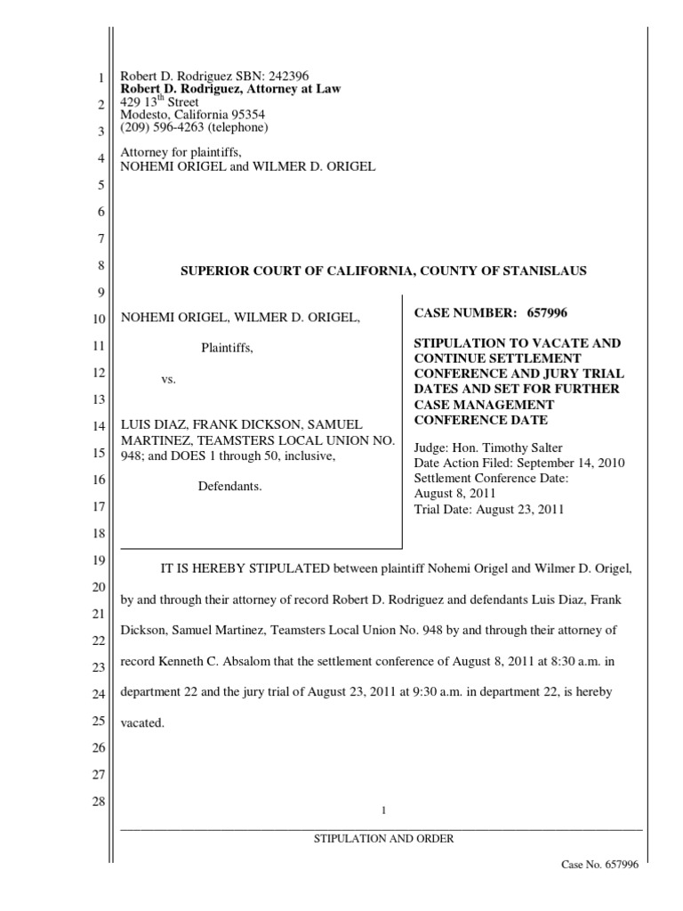 Stip. & Order Vacate Trial Origel v. Diaz Et Al 4.5.11 | PDF | Mail ...