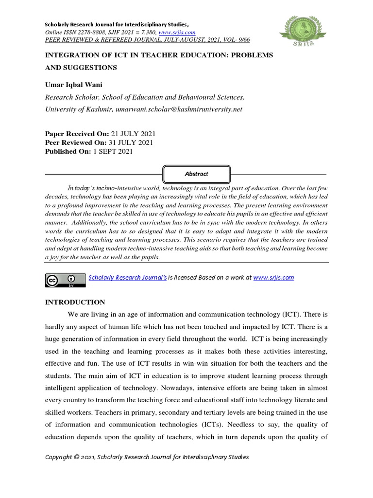 Integration of Ict in Teacher Education: Problems and Suggestions | PDF ...