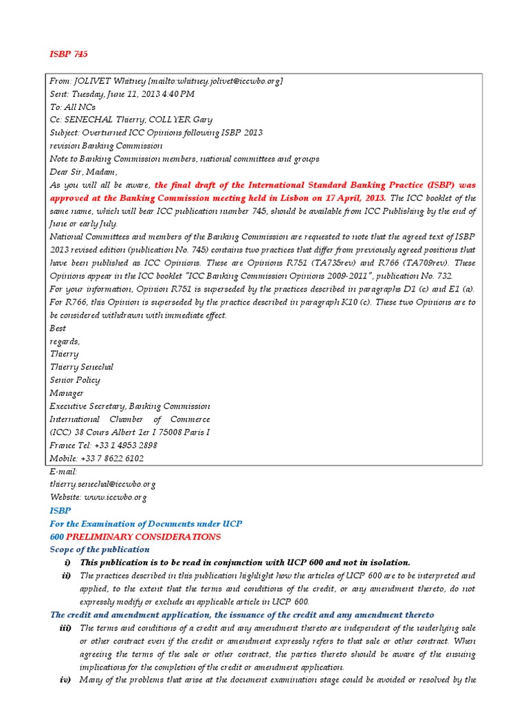 ISBP 745: Isbp For The Examination of Documents Under UCP 600 | PDF ...