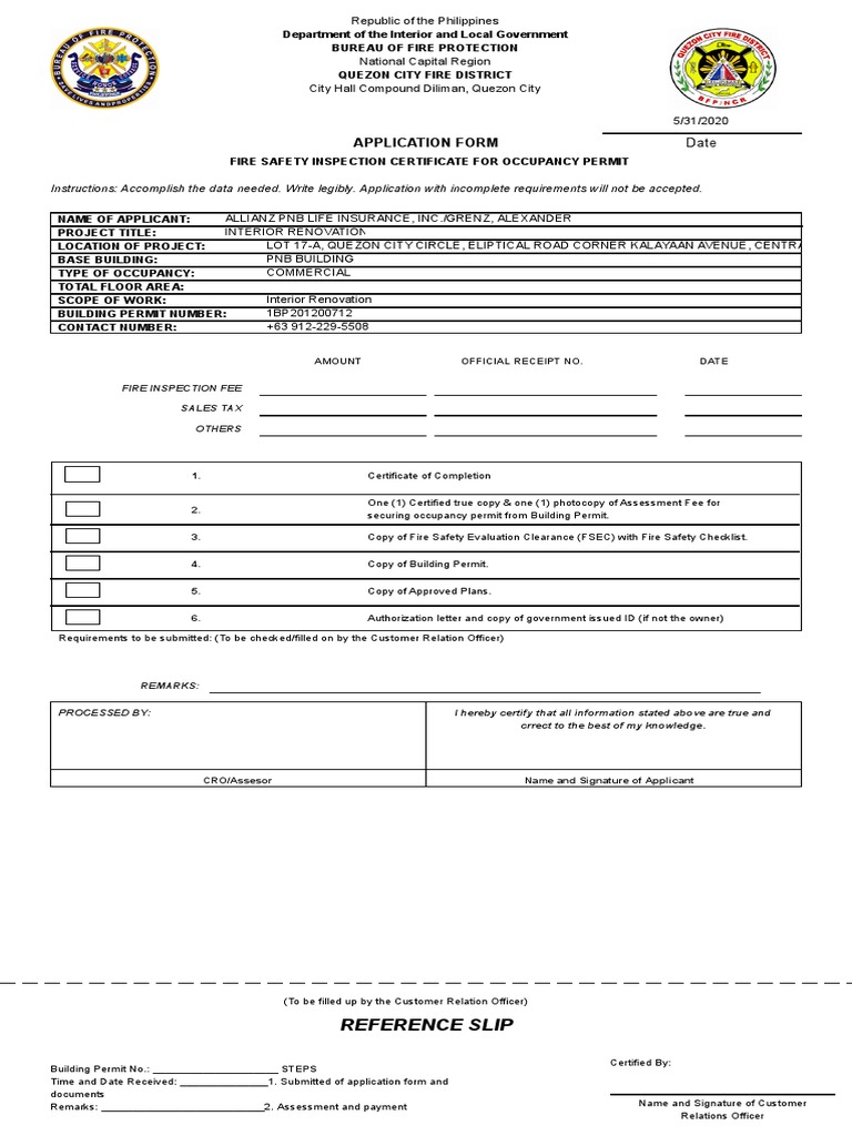 Application Form: Reference Slip | PDF | Fire Safety