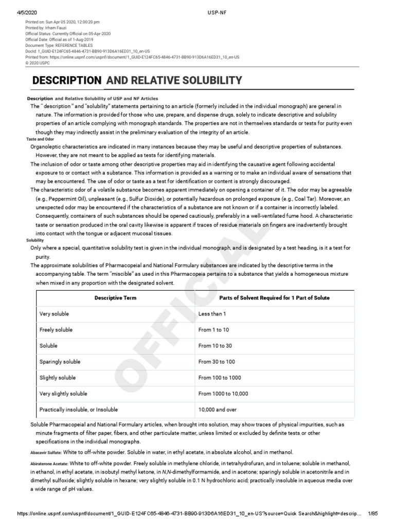 USP 42 Description & Relative Solubility | PDF | Solubility | Solvent