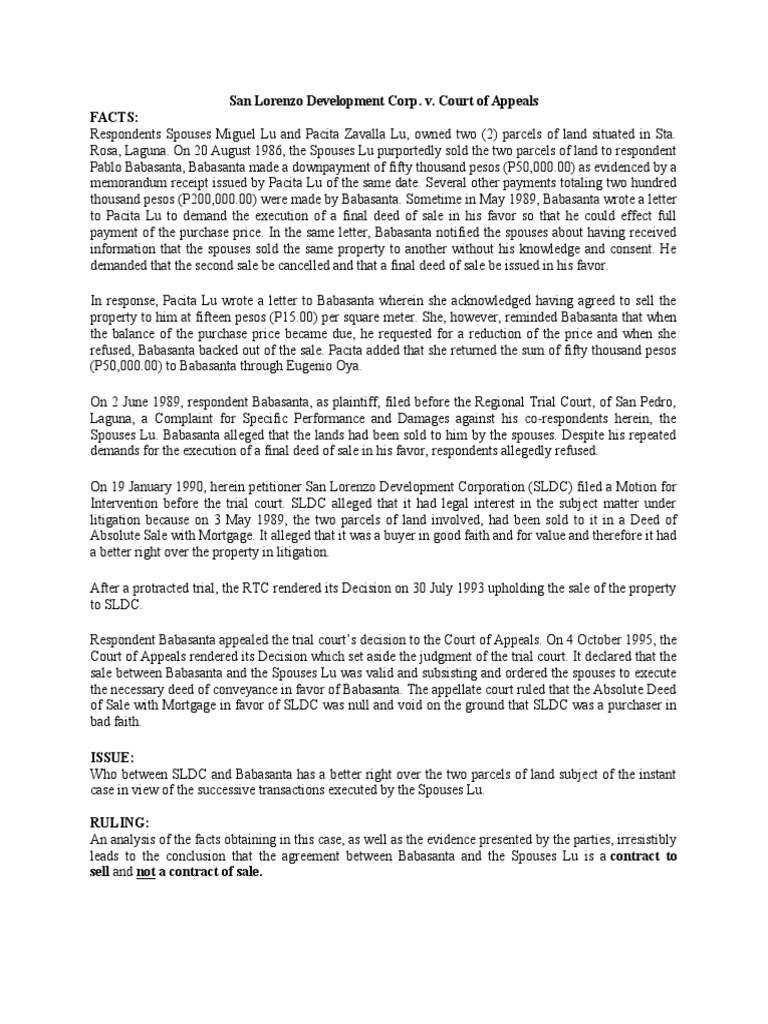 San Lorenzo Development Corp Case | PDF | Deed | Lawsuit