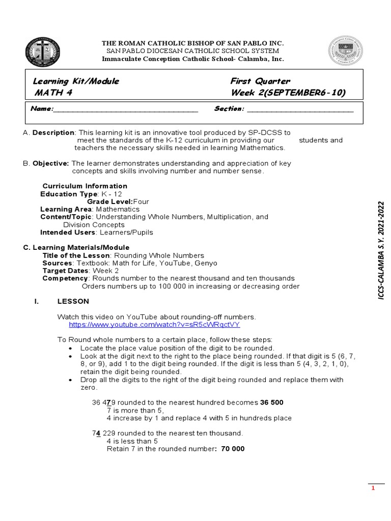 Learning Kit/Module First Quarter Math 4 Week 2 (SEPTEMBER6-10) | PDF ...