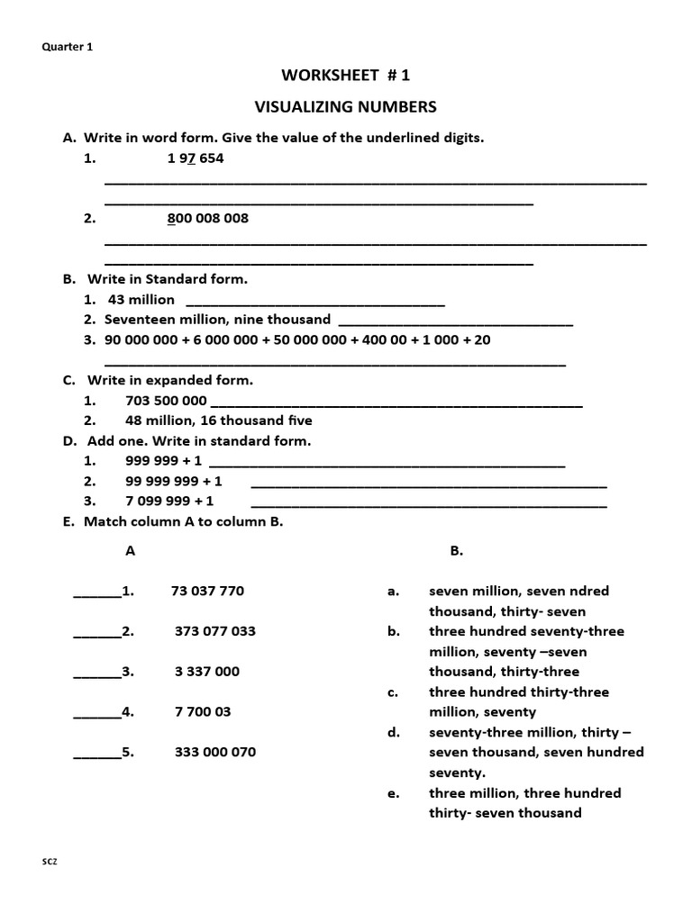 Worksheet # 1 Visualizing Numbers: Quarter 1 | PDF | Mathematics ...