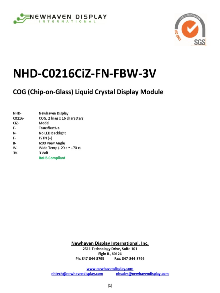 Nhd-C0216Ciz-Fn-Fbw-3V: Cog (Chip-On-Glass) Liquid Crystal Display ...