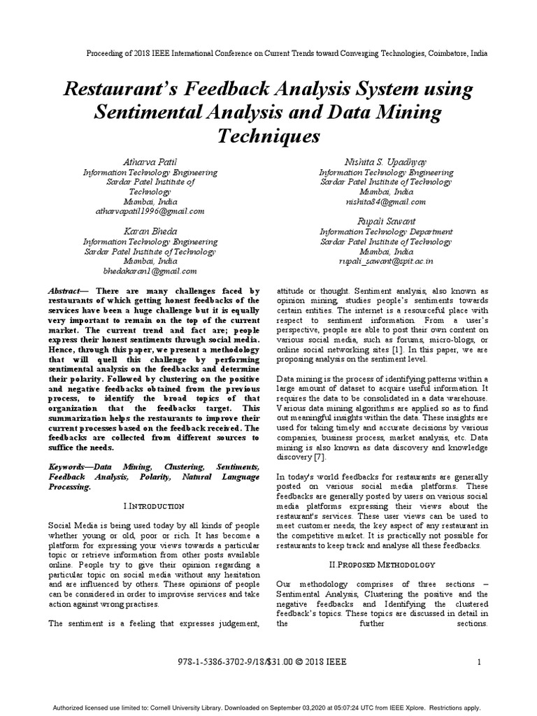 Restaurant's Feedback Analysis System Using Sentimental Analysis and ...