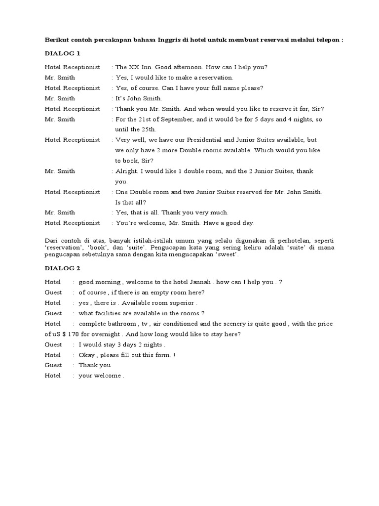 Contoh Percakapan Bahasa Inggris | PDF | Hotel | Hospitality Industry