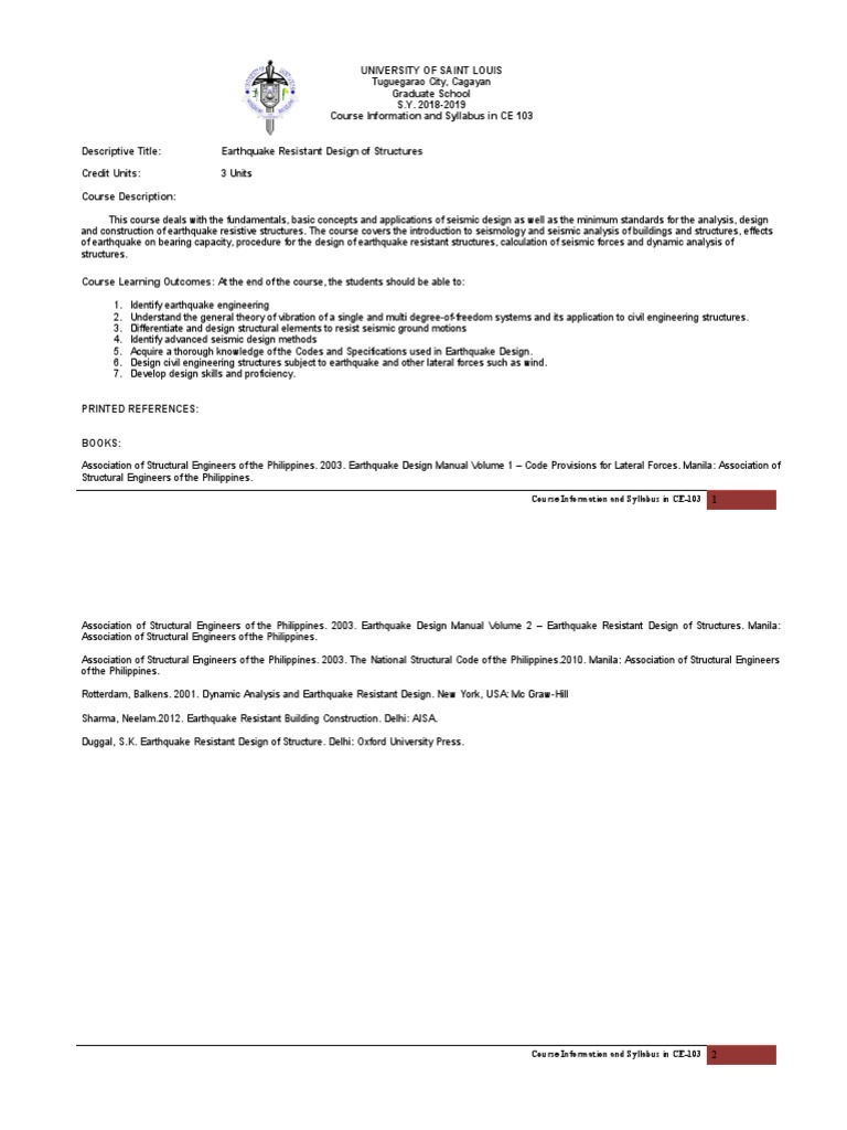 CE 103: Earthquake Resistant Design Syllabus | PDF | Earthquake ...