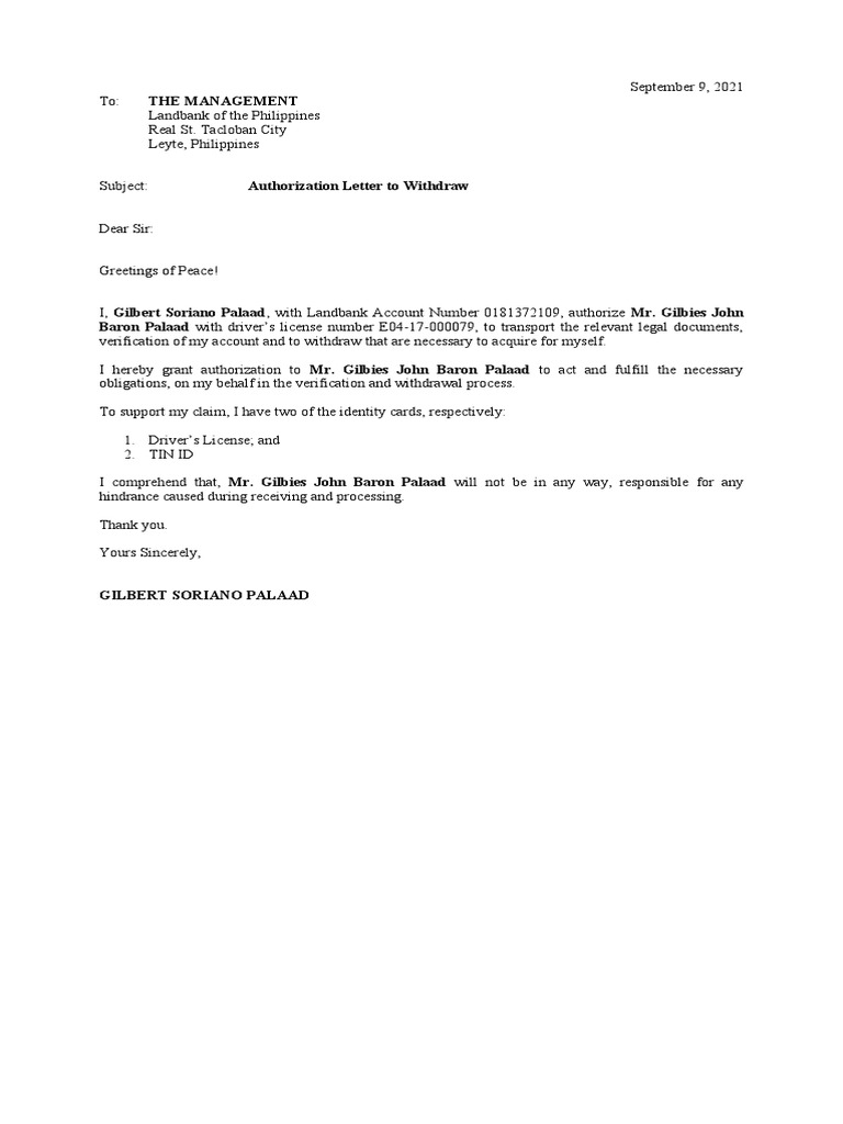 Authorization Letter for Landbank Withdrawal | PDF