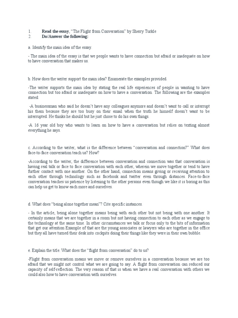 Read The Essay, "The Flight From Conversation" by Sherry Turkle Do ...