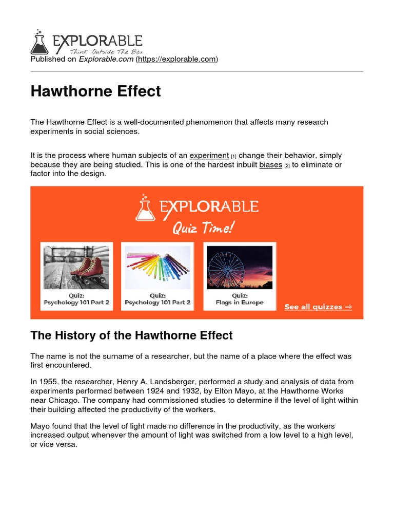 The History of The Hawthorne Effect | PDF | Experiment | Behavioural ...