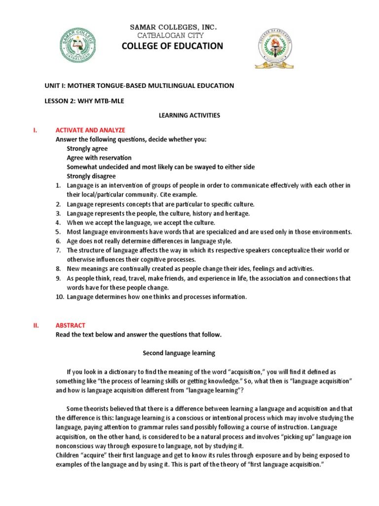 MTB-MLE Lesson Provides Insights Into Language Education | PDF | Second Language Acquisition ...
