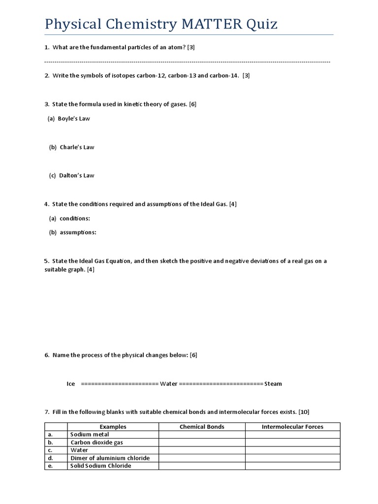 Physical Chemistry Matter Quiz Questions | PDF | Teaching Methods ...