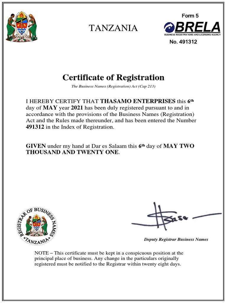 Tanzania: Certificate of Registration | PDF