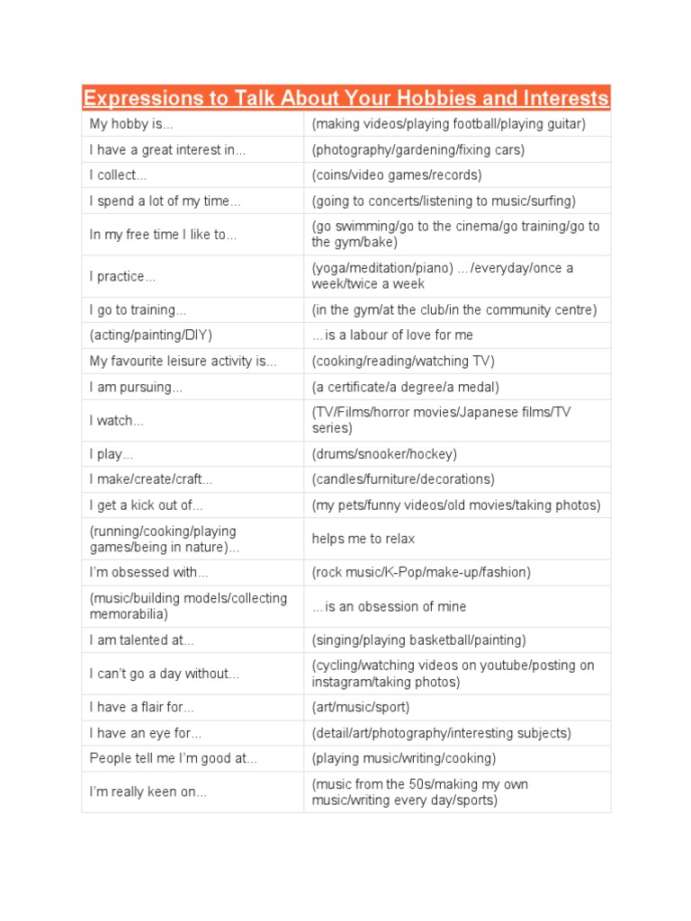 Expressions To Talk About Your Hobbies and Interests | PDF