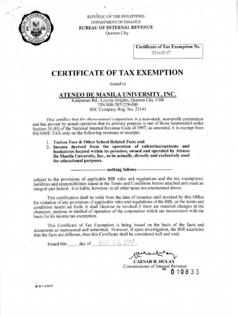 Ateneo - Certificate of Tax Exemption 2017 | PDF