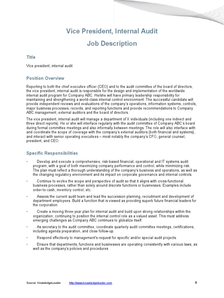 Vice President Internal Audit Job Description | PDF | Internal Audit ...