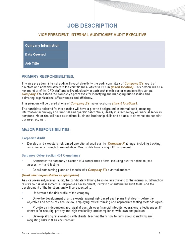 Vice President Internal Audit - Chief Audit Executive - Job Description ...