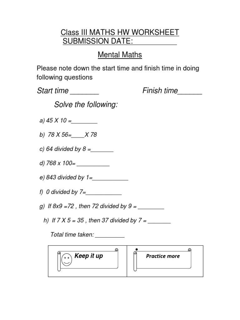Class III Maths Mental Maths Worksheet | PDF