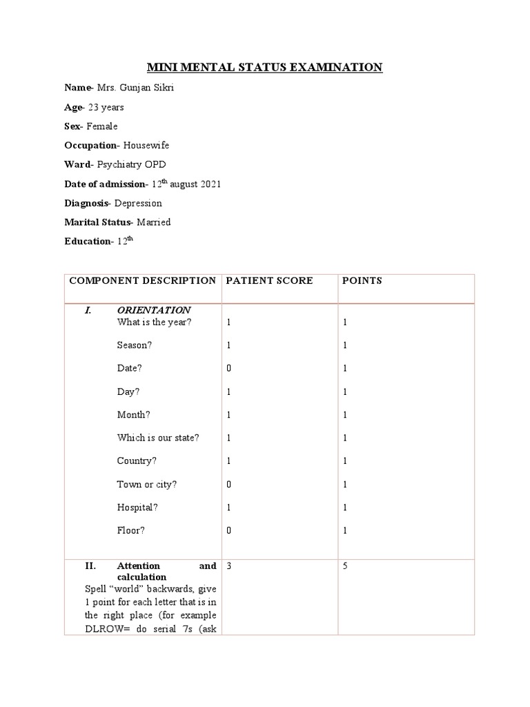 Mini Mental Status Examination | PDF | Clinical Medicine | Psychiatry ...