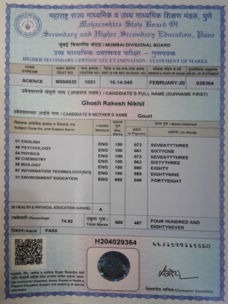 ISC 12th Marks Sheet Sample | PDF