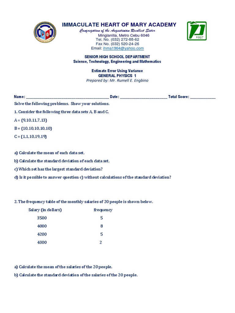Estimate Errors and Variance Worksheet | PDF