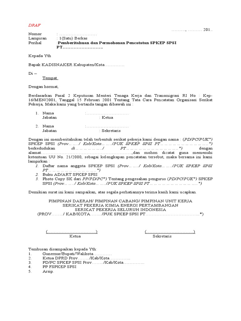Surat Permohonan Pencatatan SPKEP SPSI | PDF
