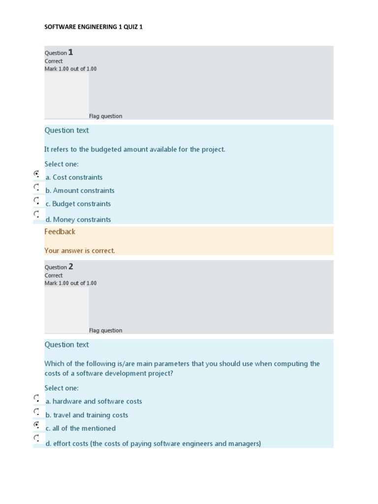 Software Engineering 1 Quiz 2.2 | PDF | Project Management | Systems ...