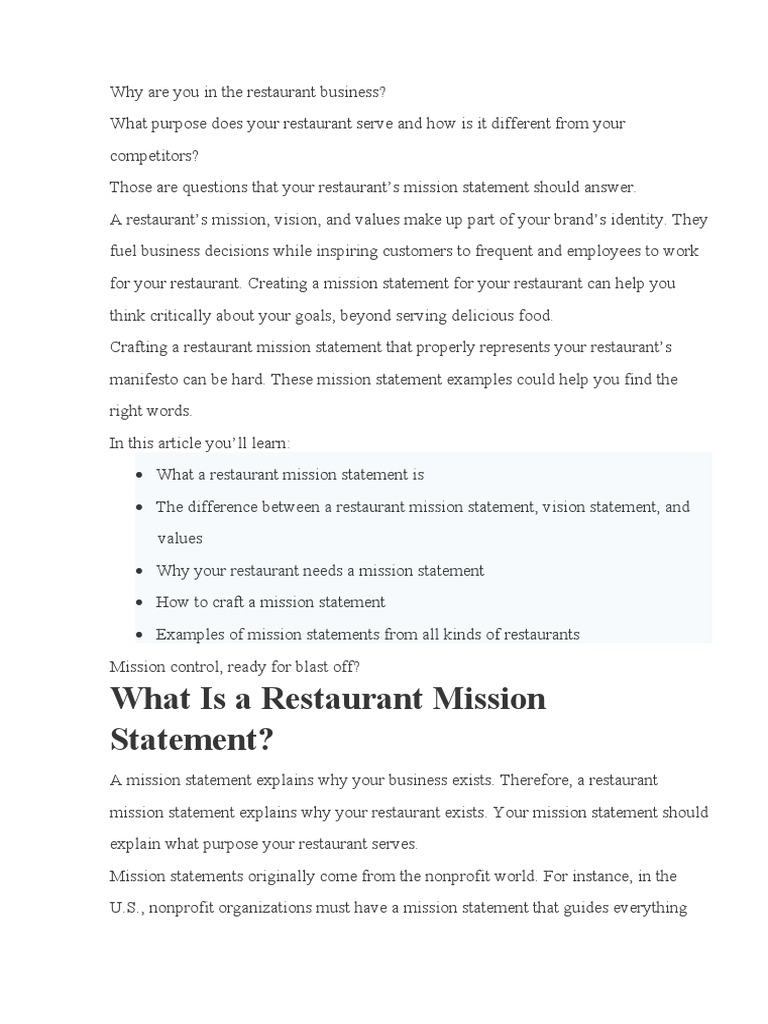What Is A Restaurant Mission Statement? | Download Free PDF | Fair ...